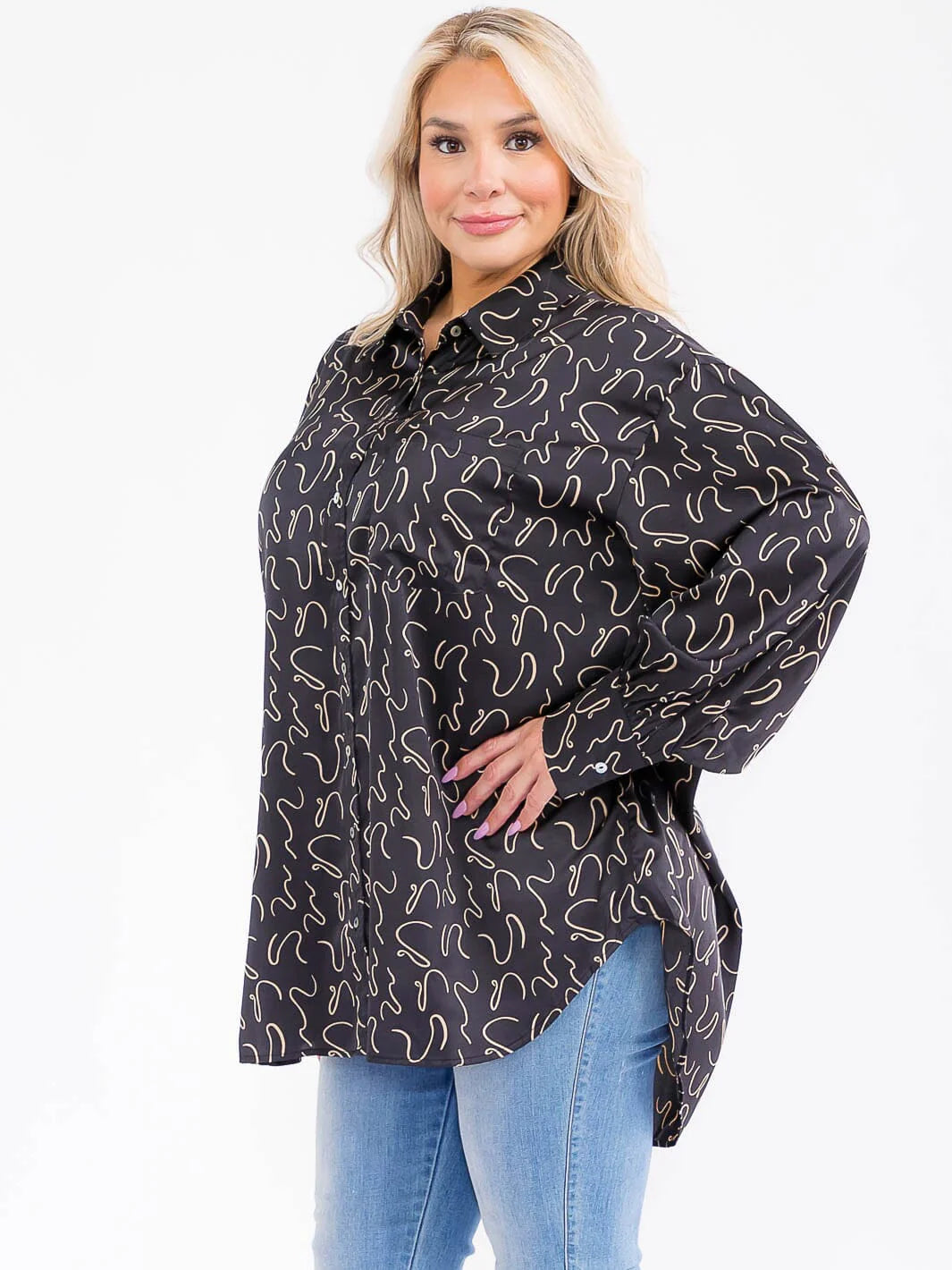 PLUS SIZE SCRIBBLE MIX BUTTON UP TOP-BLACK – flyfatchick